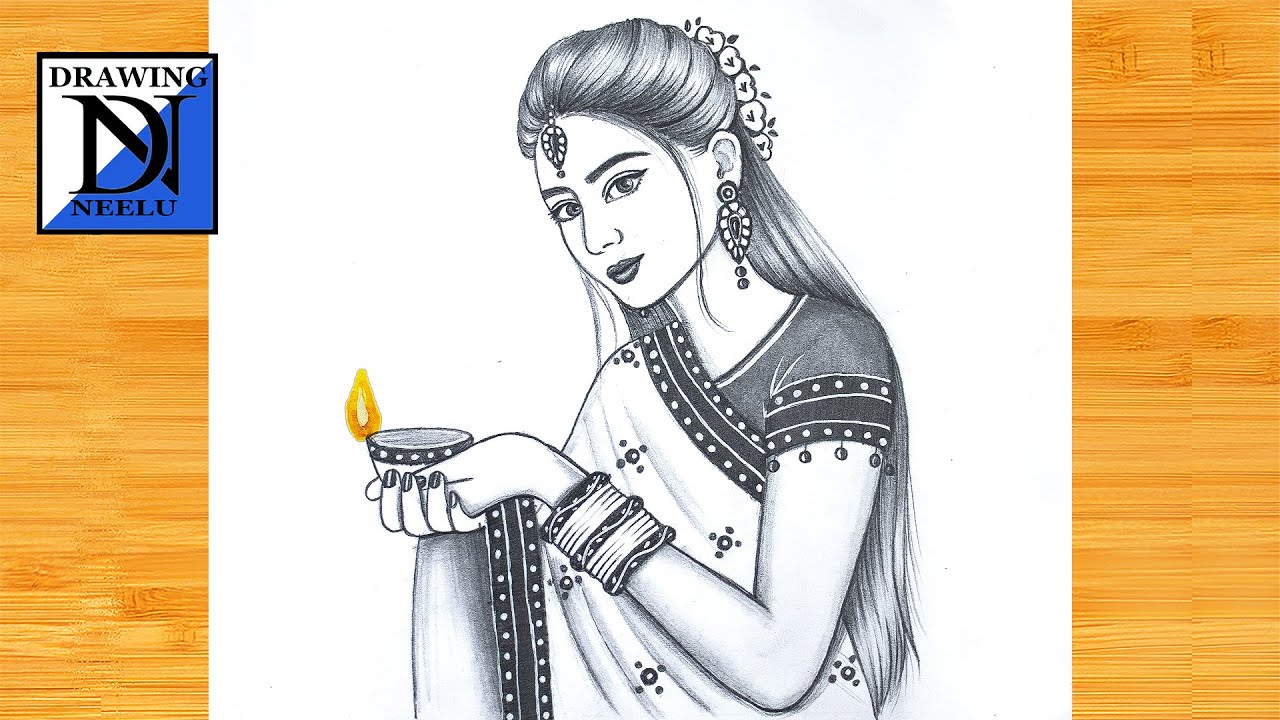 How to draw Girl with Diwali Diya - Diwali Drawing || Pencil sketch for ...