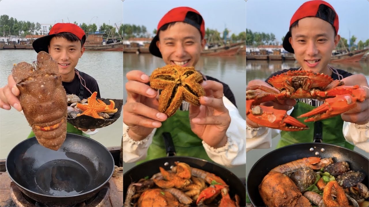 Fisherman Dagang boiled lute prawn, crab, starfish, conch, scallop ...