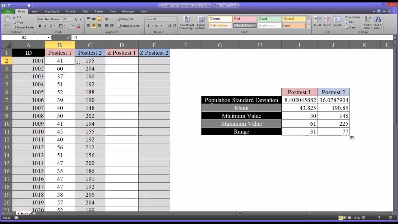 Converting Variables Into Z Scores In Excel YouTube