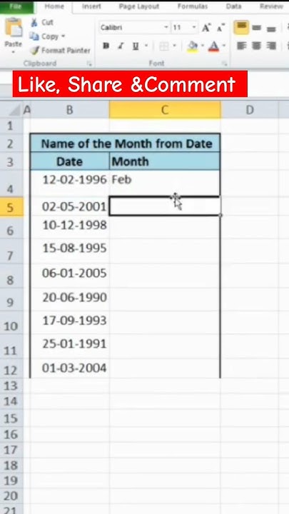 Find Month Name From Date With Text Formula Month Name From Date In Excel Shorts