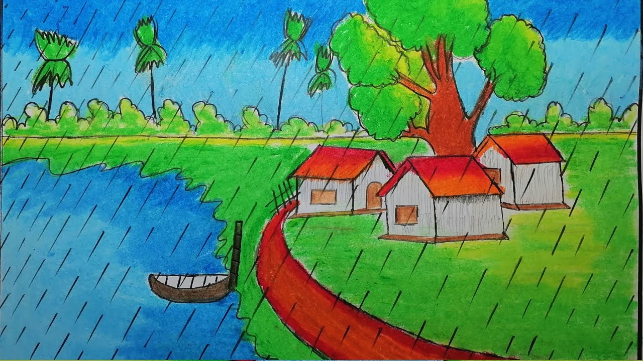 How to Draw Rainy Season | Rain Scenery Drawing | Colorful drawing with ...