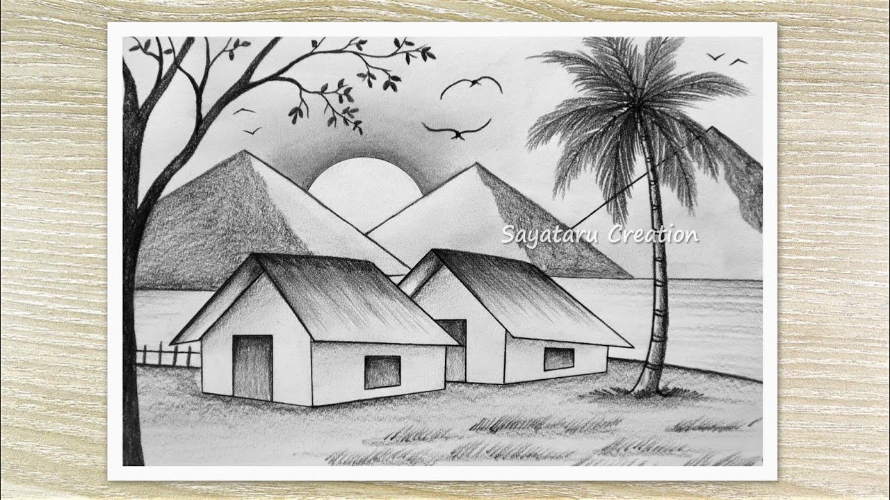 How to draw a Sunrise Scenery with Pencil, Step by step Pencil Drawing ...