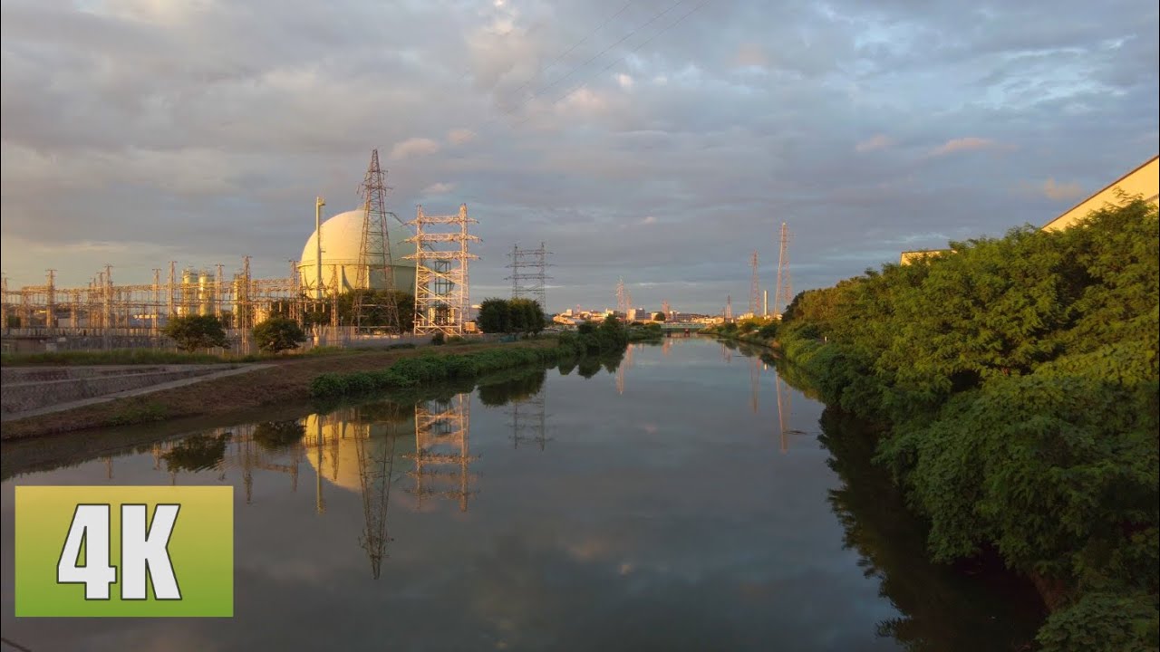 4K Walking in the evening and at night in the factory district and in ...