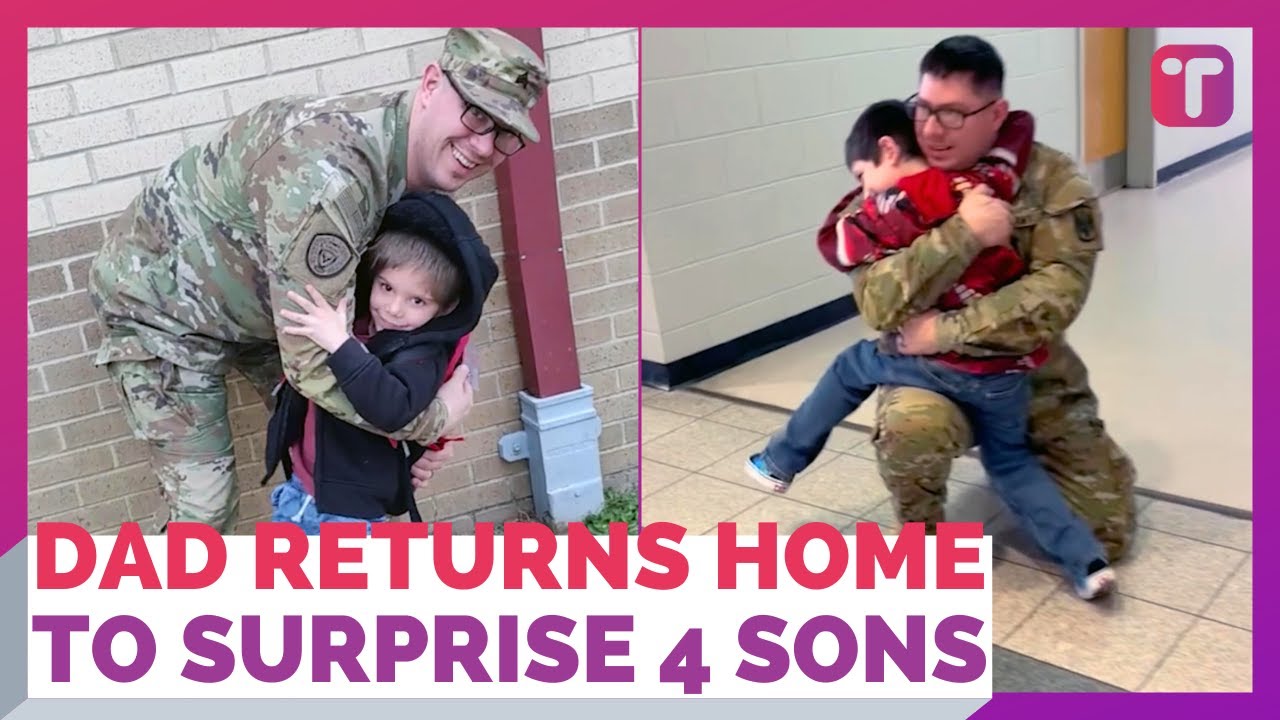 Soldier Dad Surprises Four Sons After Seven Month Deployment - YouTube