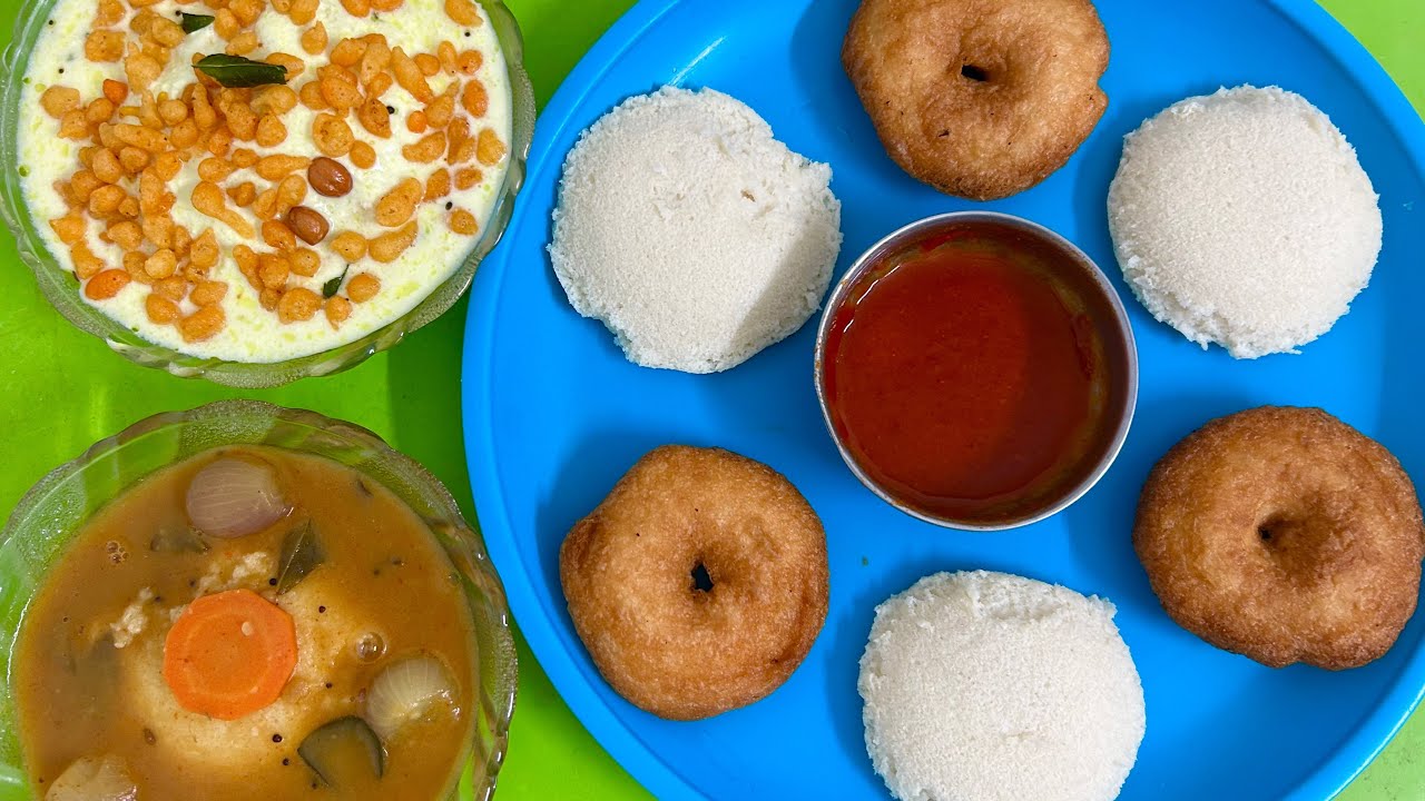 Eating Dahi vada #sambaridli,plain idly&plain vada with ginger chutney ...
