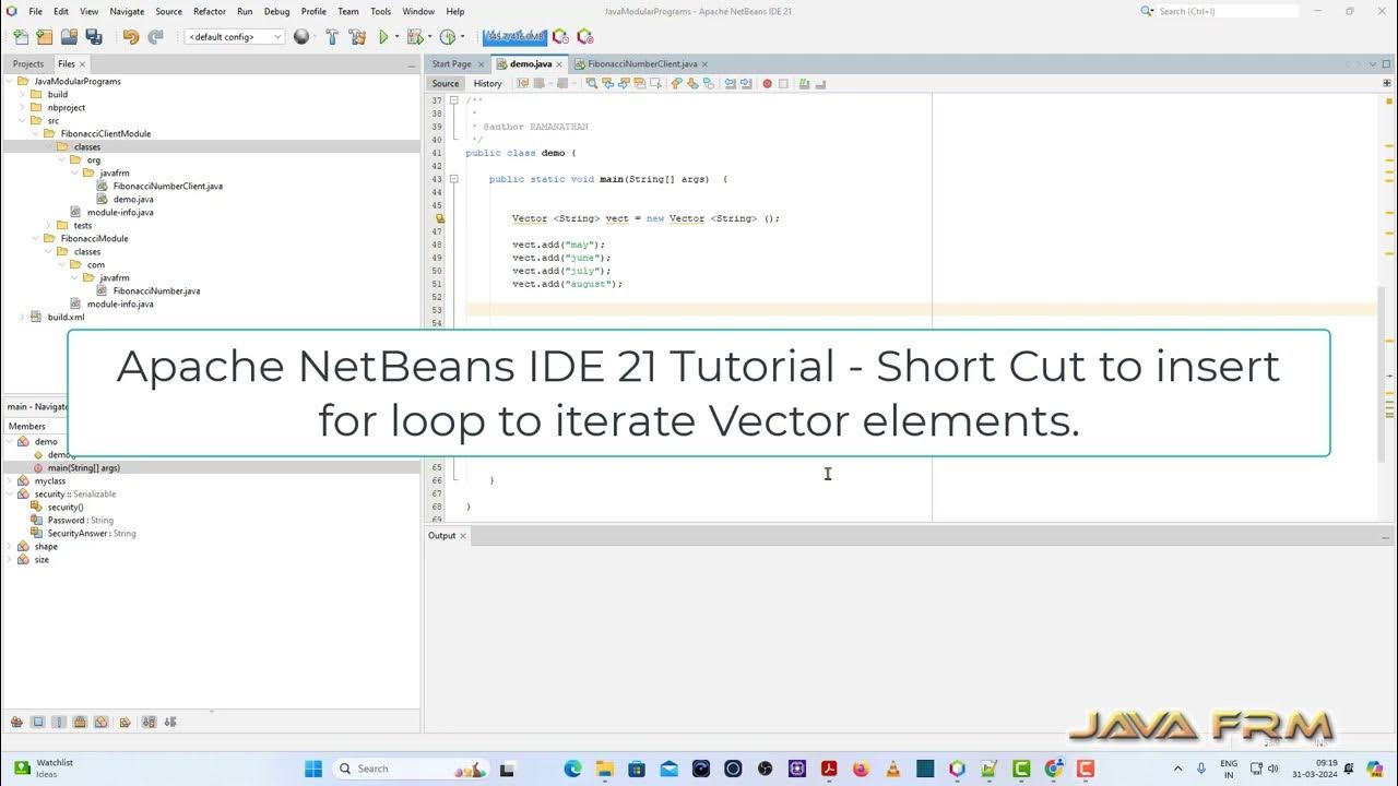 Apache NetBeans IDE 21 Tutorial - Short Cut to iterate vector using for loop - forv + Tab Key ...