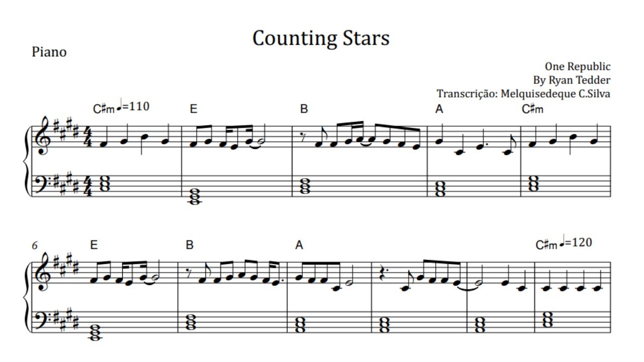 One Republic - Counting Stars - Arranged for solo piano, with music ...