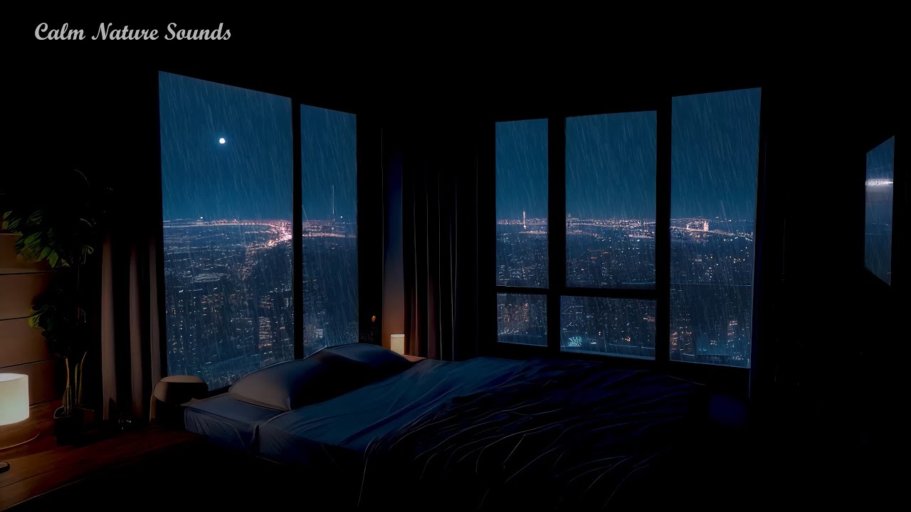 Cozy Bedroom With A Night View Of New York In Heavy Rain | Rain Sounds ...