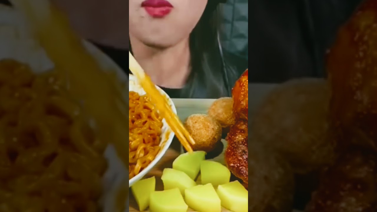 @Stella ASMR eating spicy ramen bowl with cheese balls spicy korean chicken#asmr #eating#korean ...