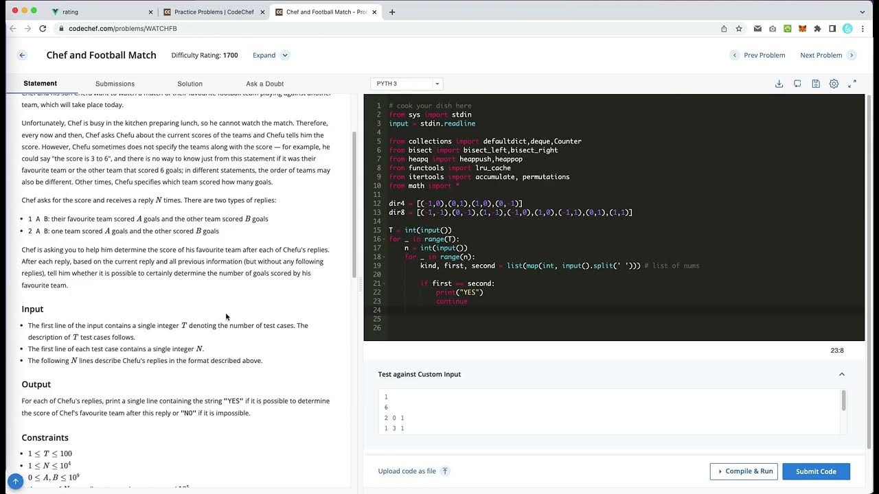 Solving CodeChef Chef and Football Match Rating 1700 - YouTube