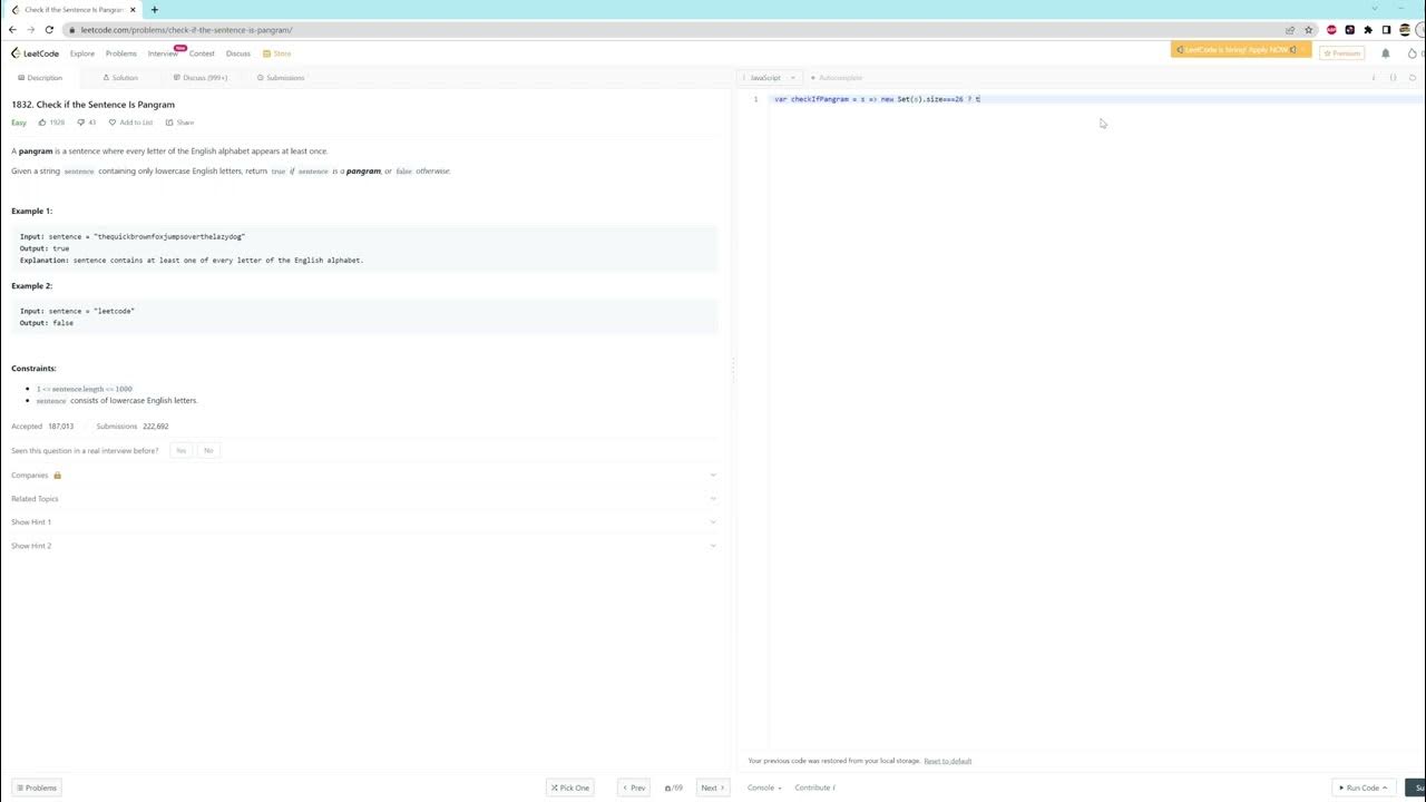 1832. Check if the Sentence Is Pangram - JavaScript - One Line - YouTube