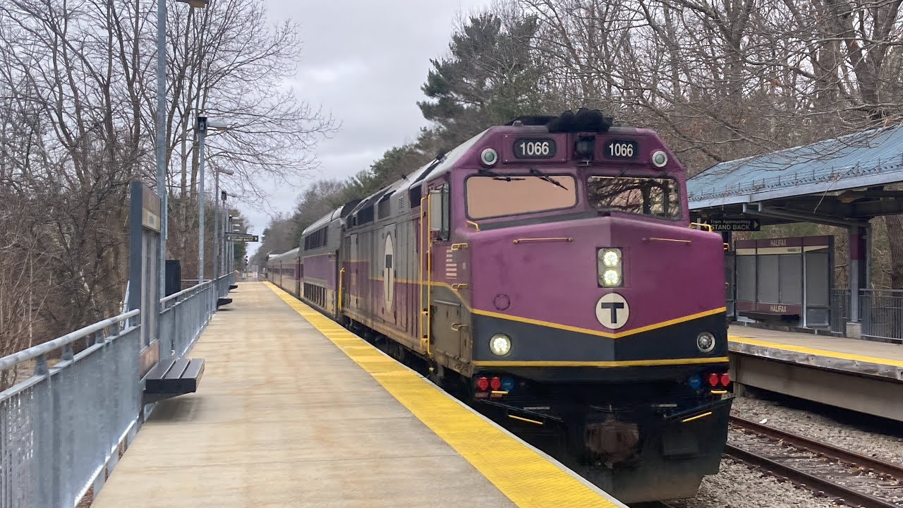 MBTA 1066 leads 1045 into Halifax with a slight hornshow and a mixed set with cabcar 1841 - YouTube