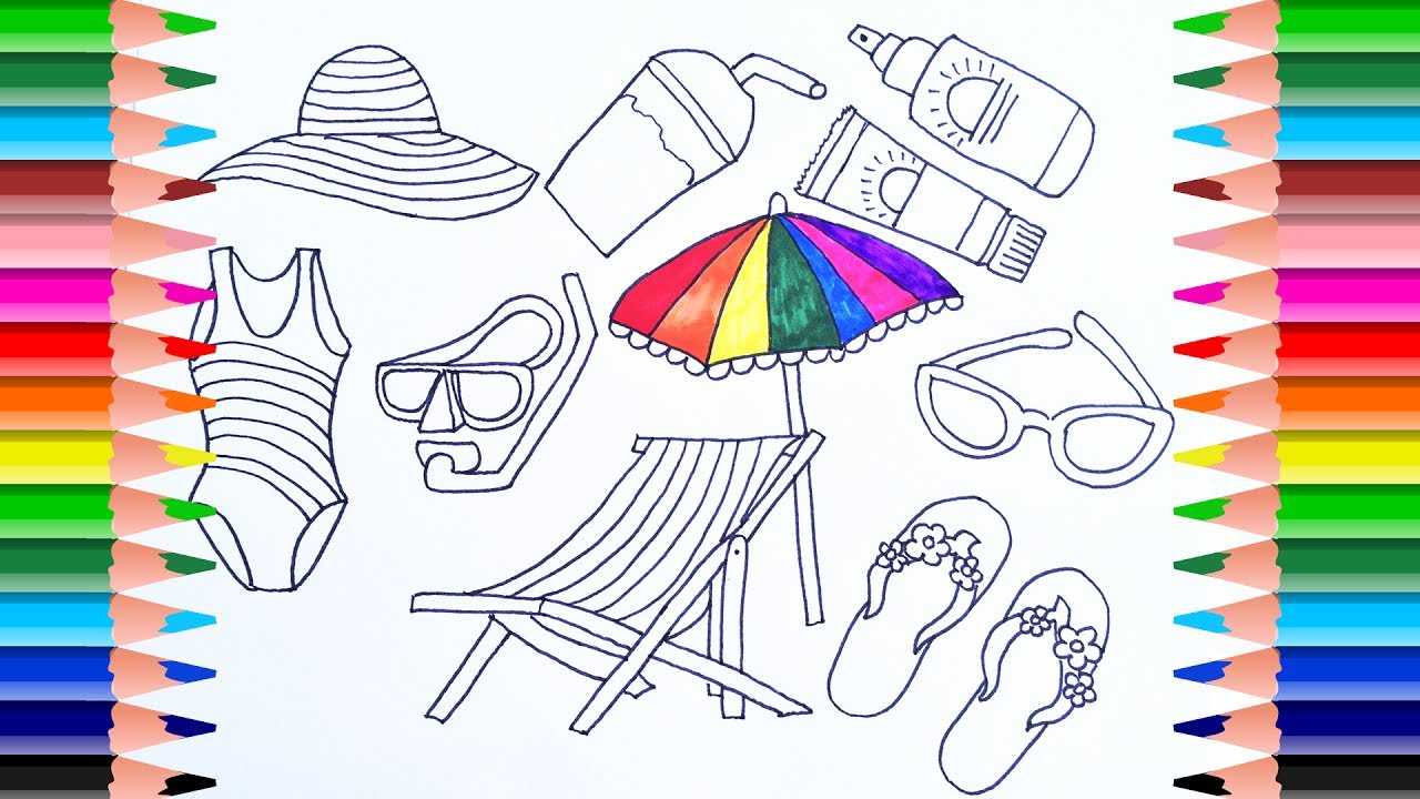 How to Draw Set of Beach Accessories | Beach Accessories Coloring Pages ...