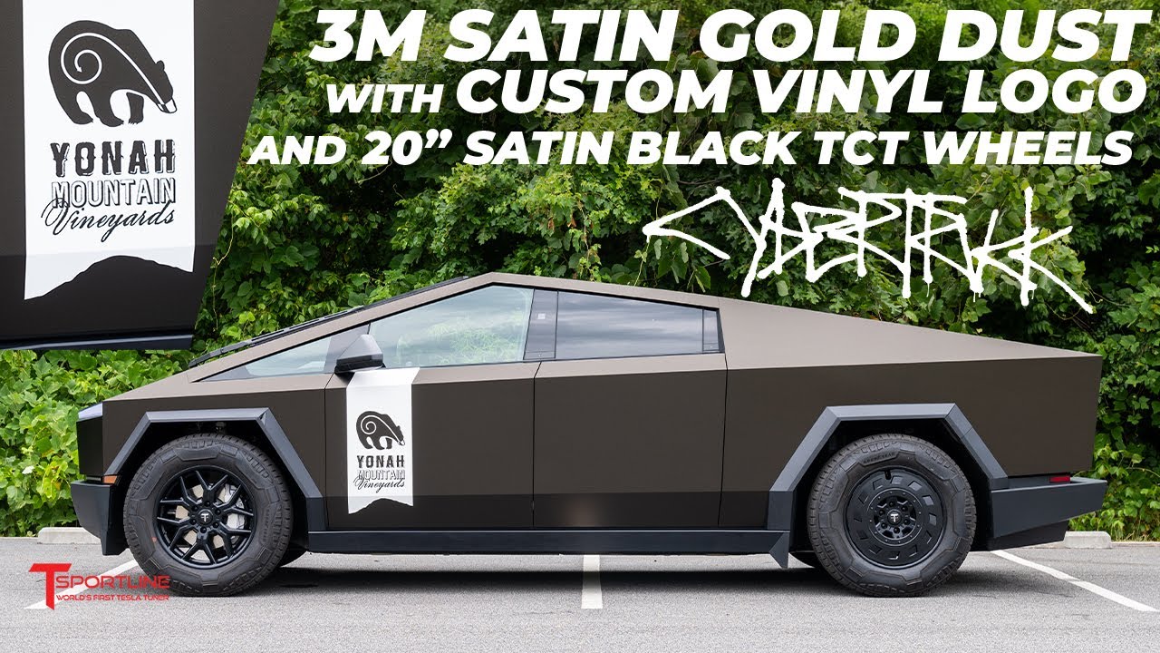Satin Gold Dust Black Wrapped Cybertruck with Custom Plotted Graphics ...