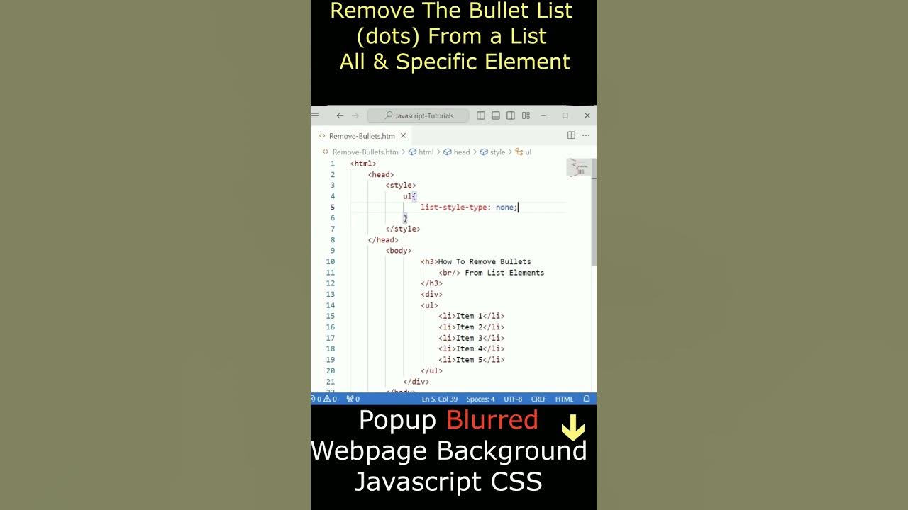 Remove Bullets Style From Ul Html Unordered List Css Youtube