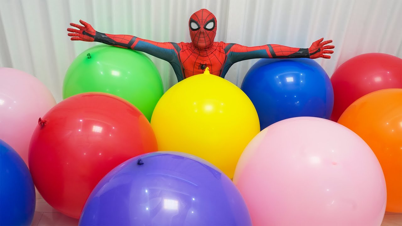 Spider Man Popping Giant Color Balloons! - YouTube