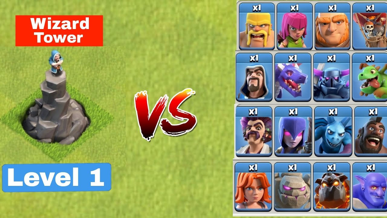 All Level 1 Troops Vs Level 1 Wizard Tower Clash Of Clans - YouTube