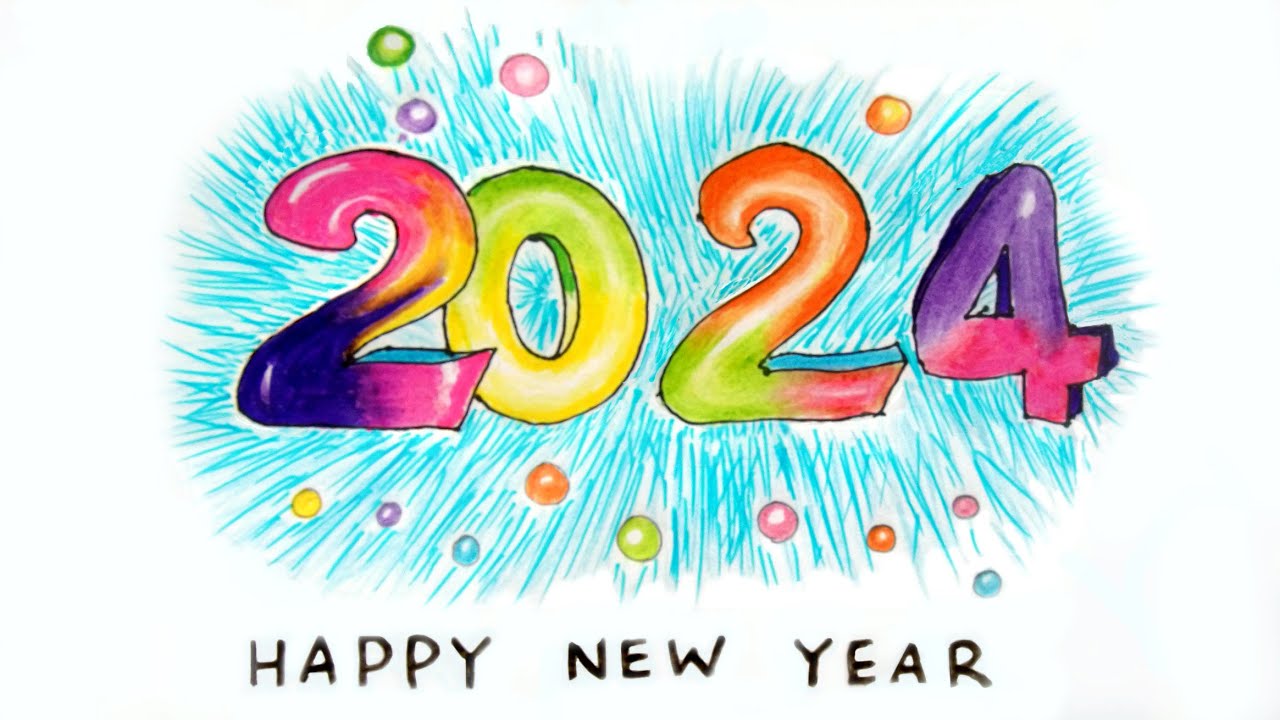 Happy New Year 2024 Drawing Easy Tutorial || How to Draw Happy New Year ...