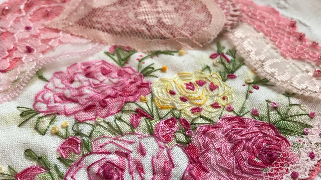 Vintage pink thread painted slow stitch #stitcheryswap for Schrell with ...