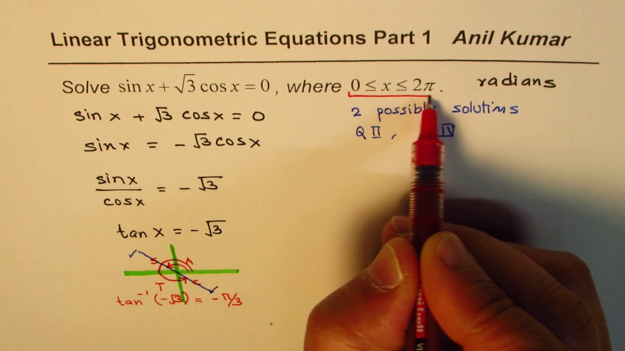 Steps To Solve Linear Trigonometric Equation Sinx Sqrt 3 Cosx 0