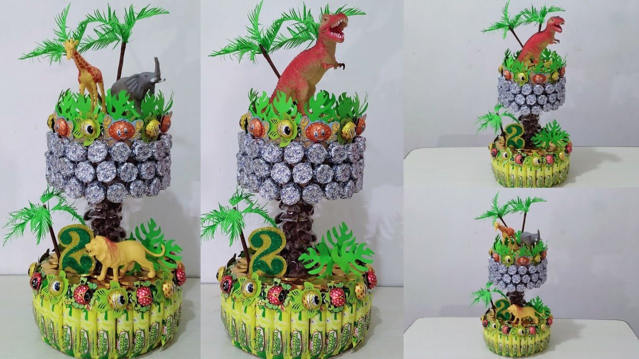 DIY DINOSAUR THEME CANDY CAKE TOWER + JUNGLE SAFARI THEME CANDY CAKE ...