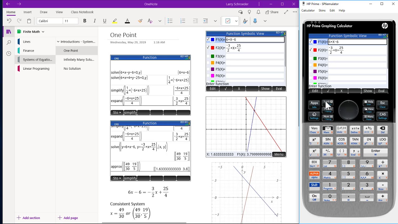 HP Prime Onenote Systrem of Linear Equation One Point Solution - YouTube
