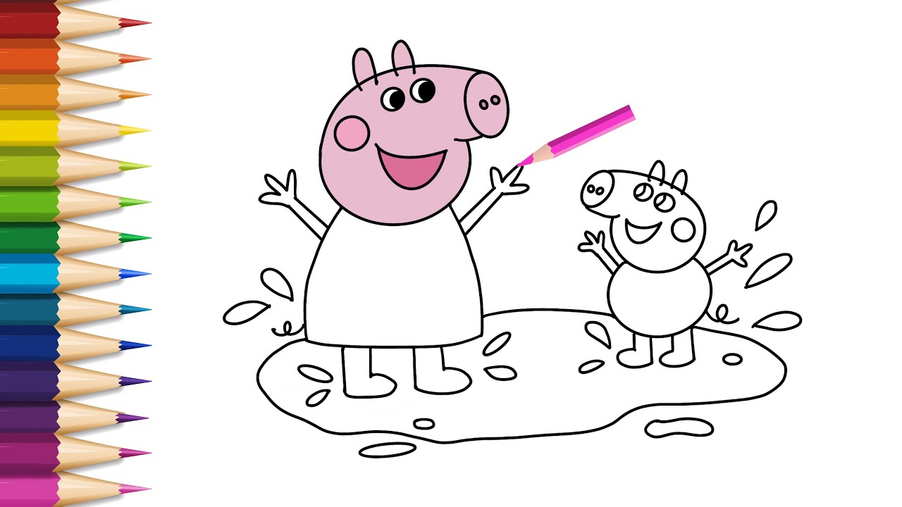 How to draw and color peppa pig in a muddy puddles | easy drawing for ...