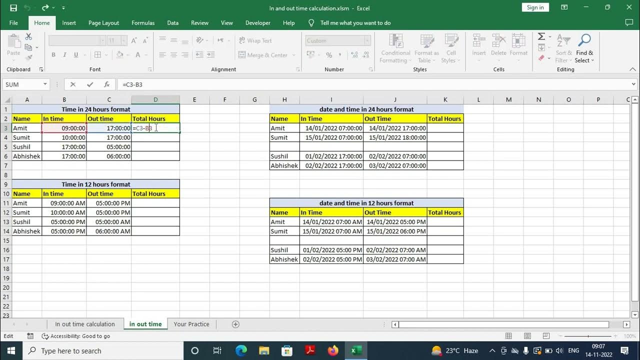 How to Calculate total number of hours in excel - YouTube