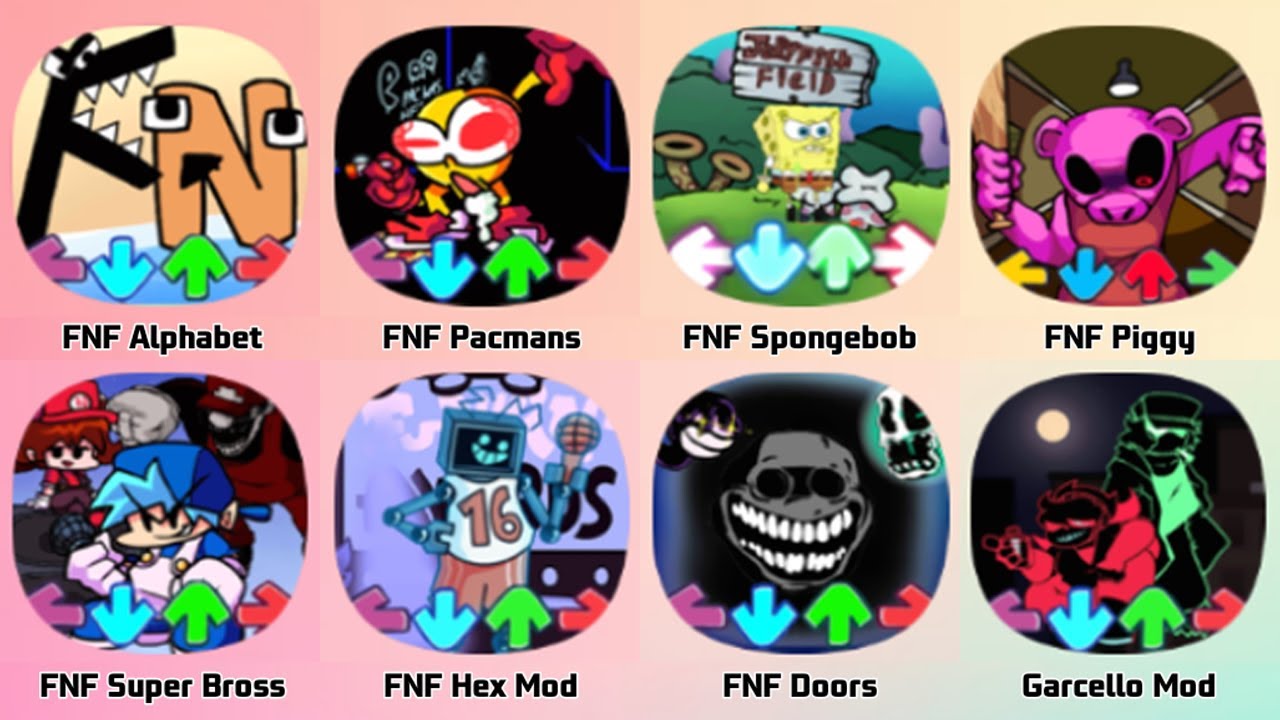 FNF Alphabet, FNF Pacmans, FNF Spongebob, FNF Piggy, FNF Super Bross ...