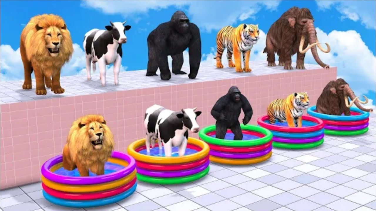 Wild Animals Pool Jump into Bathtub Game in water with Elephant Gorilla ...