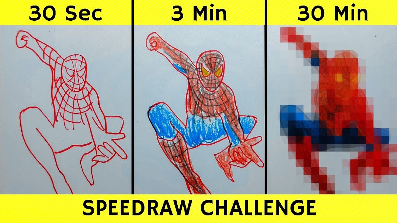 Drawing Spider-Man in 30 seconds, 3 minutes, and 30 minutes | Drawing ...
