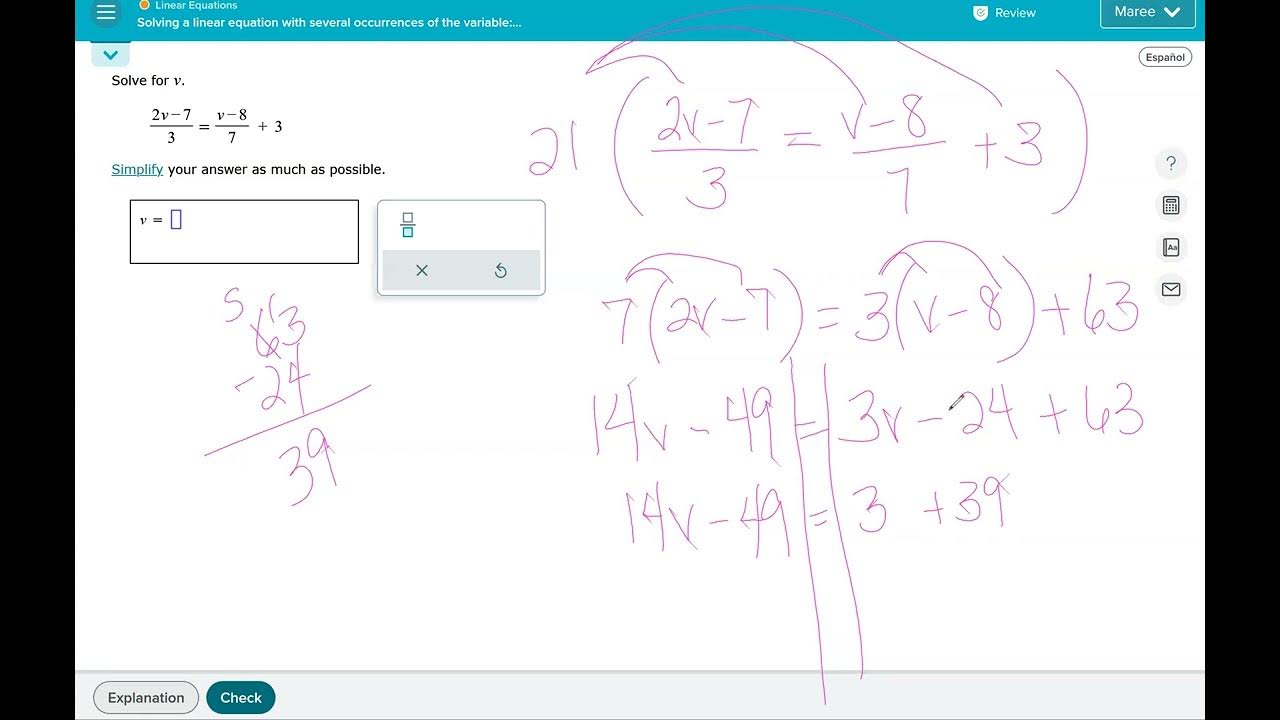 Solving a linear equation with several occurrences of the variable: Fractional forms with ...