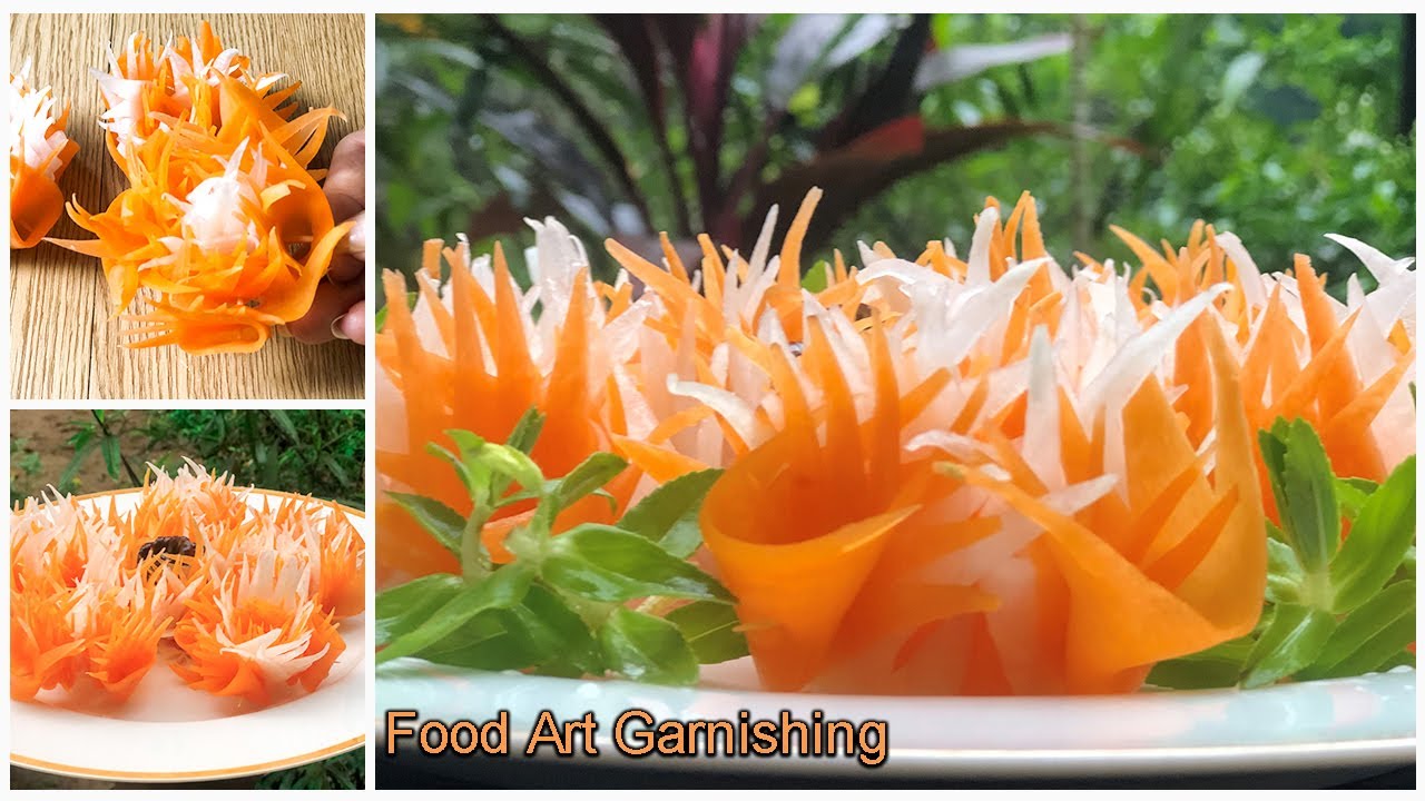 Attractive Art In Carrot & White Radish Flower Garnish - YouTube