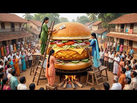 🍔 Village Girls Make 30-Foot Giant Aloo Tikki Burger ❤️ Whole Village Eats Together #GiantBurger