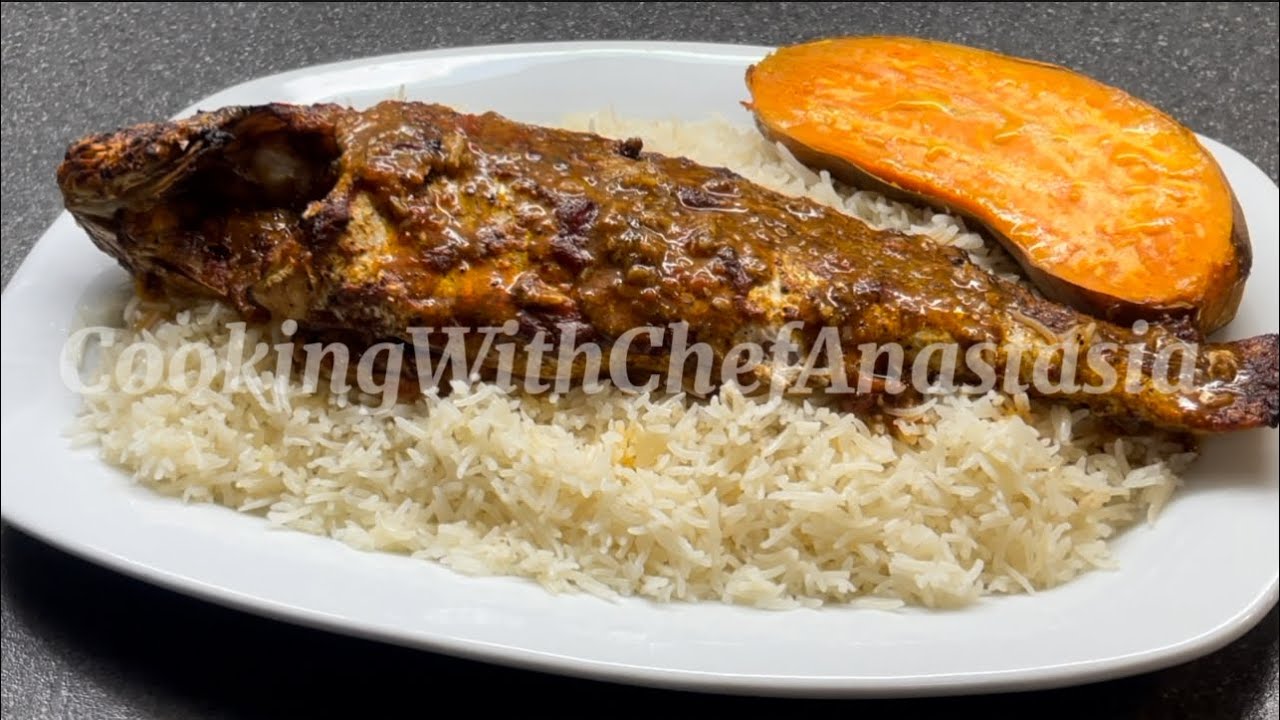 Grilled Captain fish in the oven accompanied with sweet potato and rice ...
