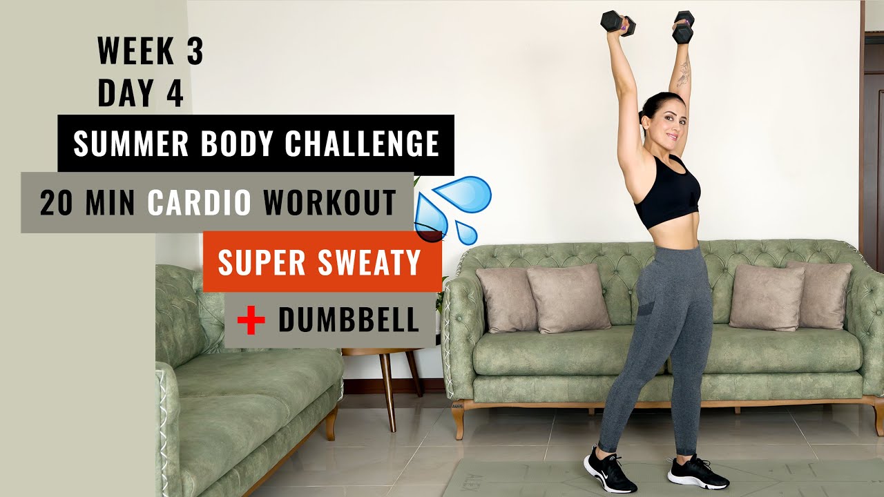 🌞 DAY 16 : 20 Minute SWEATY Dumbbell Cardio Workout / Full Body at Home ...