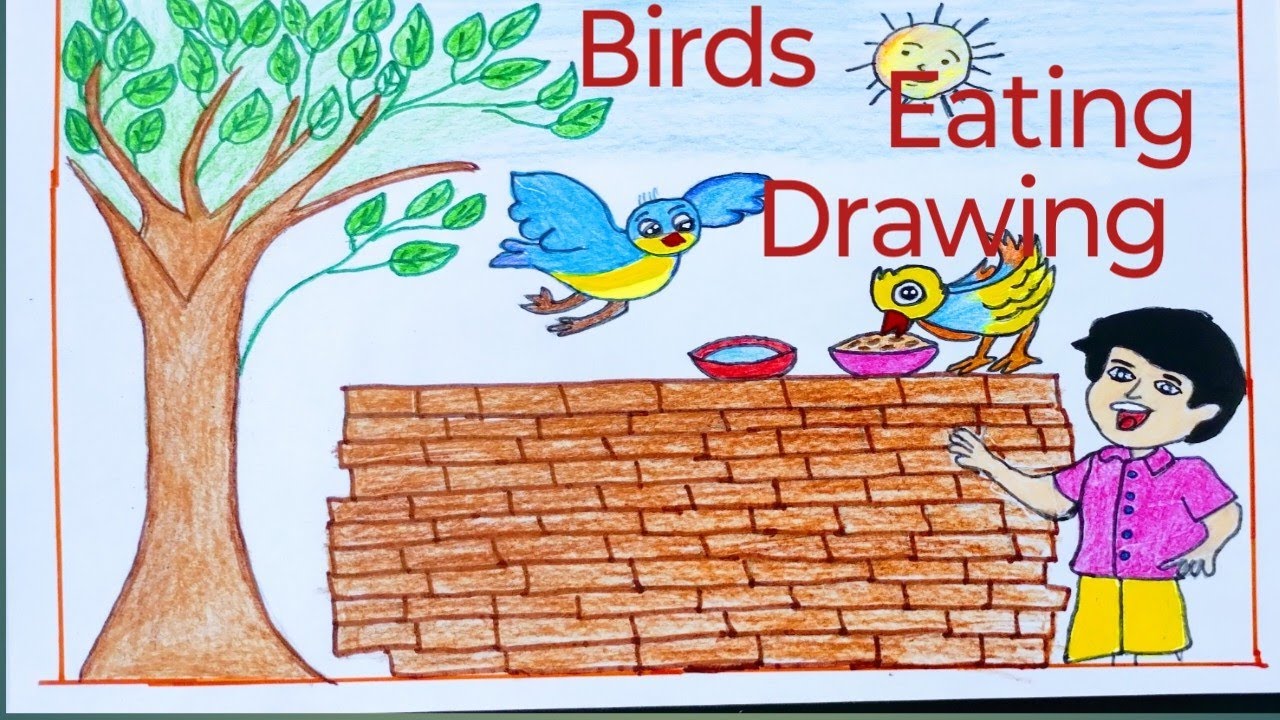 How To Draw Birds Eating Food Drawing | Birds Scenery Drawing | Save ...