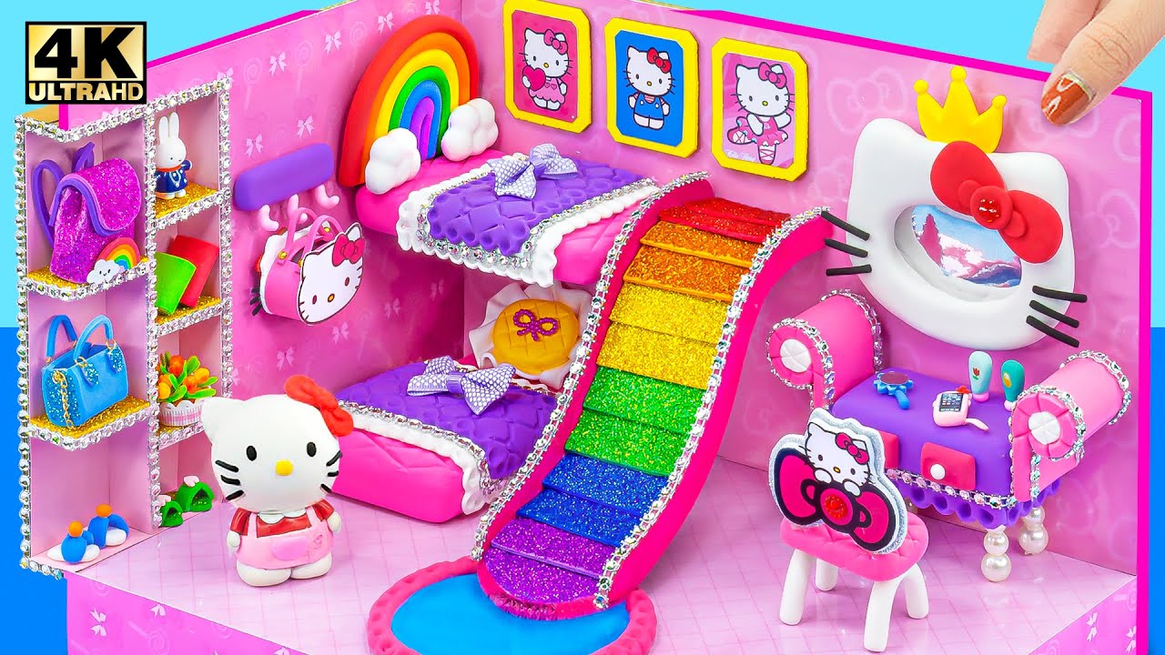 Building Cute Pink Hello Kitty Bedroom has Bunk Bed, Rainbow Slide Pool ...