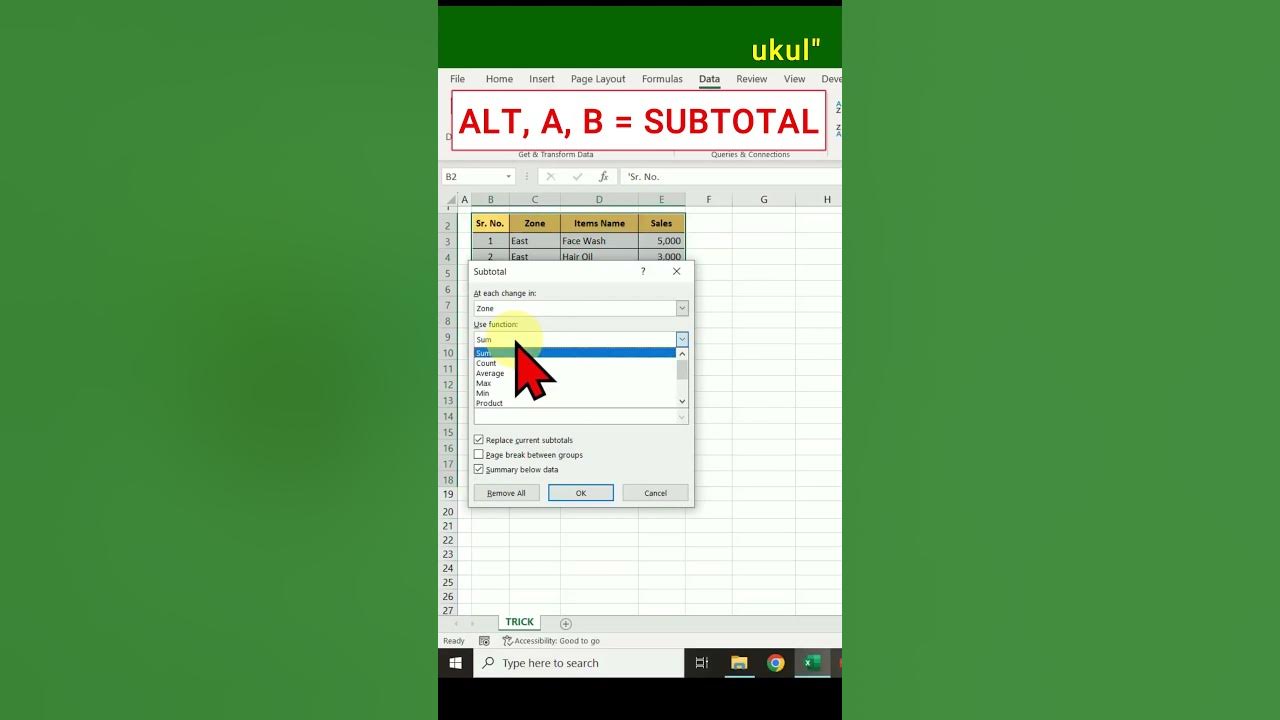 How to Subtotal Data with Keyboard Shortcuts in Excel | Excel Tutorial #shortsfeed #exceltips # ...