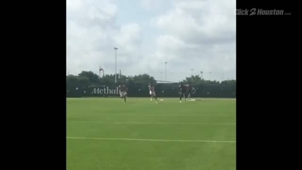 Texans players Akeem Hunt, Wendall Williams, Will Fuller V race during ...