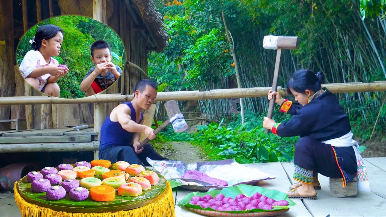 Grinding Rice by Hand to Make Sticky Rice Cakes - Primitive Farm Life ...
