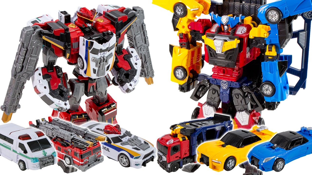 HelloCarBot GiantLoader vs TobotV GigantV Rescue Police SportsCar ...