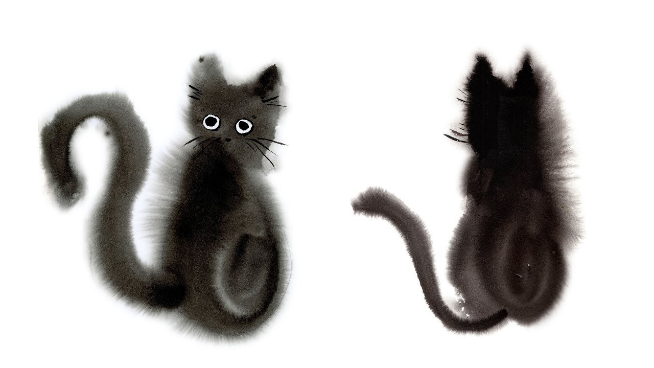 Simple Ink Cat Painting for Beginners - How to paint fluffy black cats ...