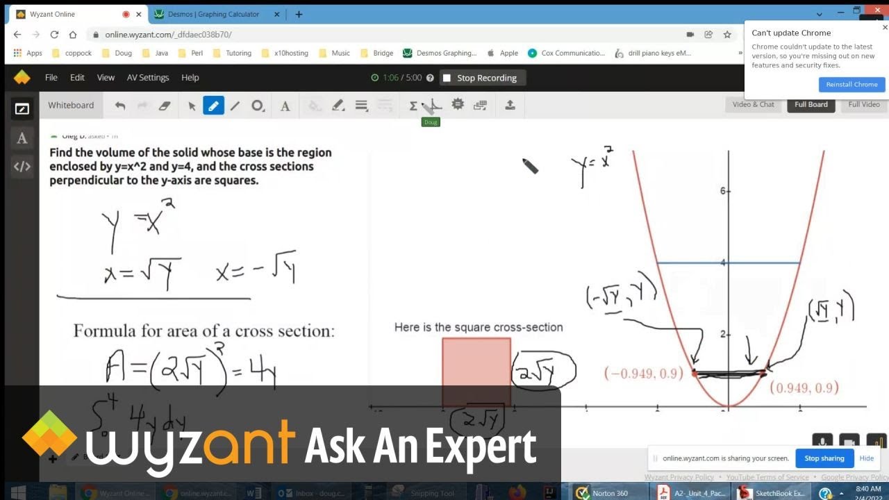 Find volume by slicing where cross section is a square with base ...