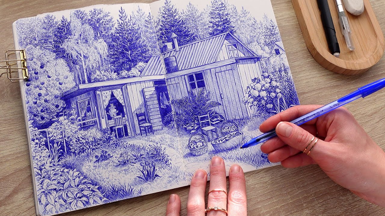 drawing a cottage landscape with a ballpoint pen 💧/ Art ASMR - YouTube