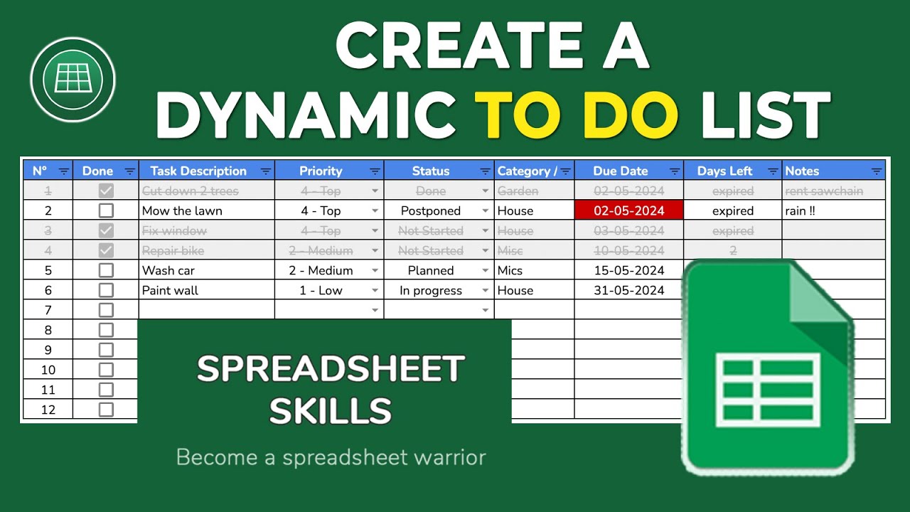 Google Sheets - Create a Dynamic To Do List - Learn Google Sheets - YouTube