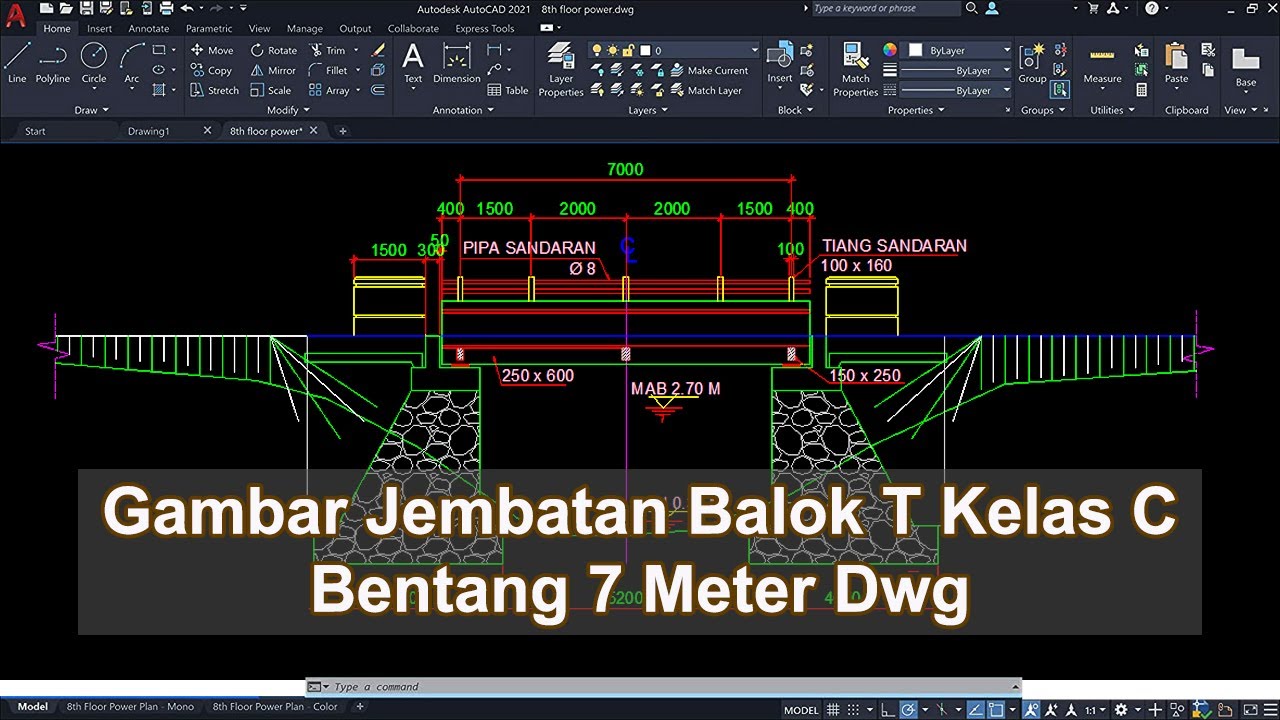 Gambar Jembatan Balok T Kelas C Bentang 7 Meter Dwg - YouTube
