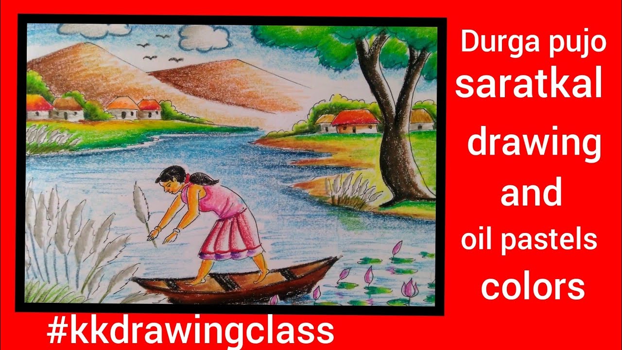 how to draw Durga Puja scenery /saratkal drawing and oil pastels color ...