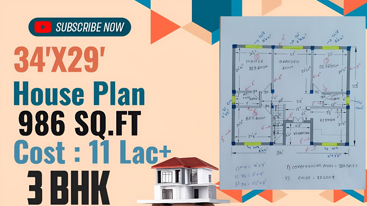 34X29 House Plan|986 Square feet|3BHK house plan|34by29 House Plan in ...
