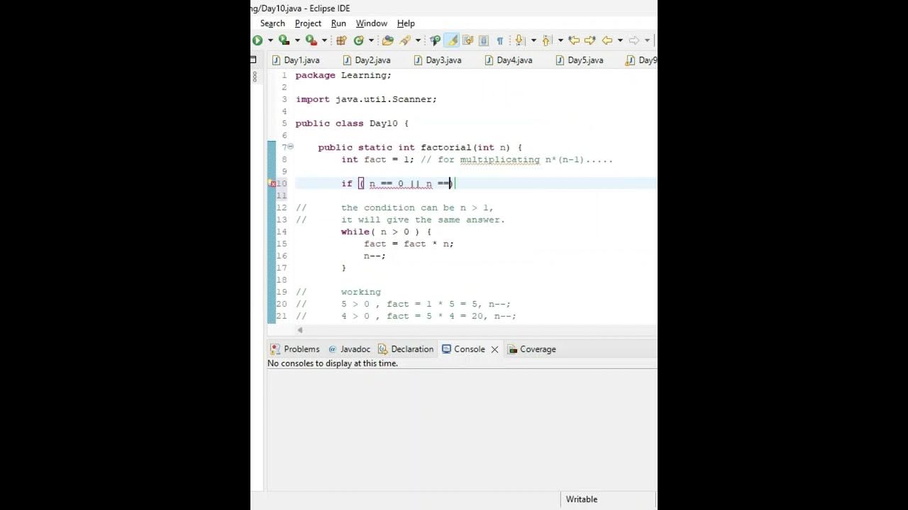 Factorial Of A Number Program In Java Day 10 Of Learning Logic In Java Java